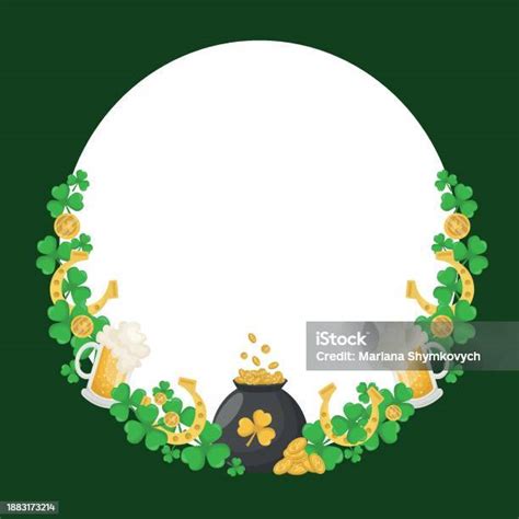 성 패트릭 데이 액자에는 금 동전 말굽 토끼풀 잎이 담긴 항아리가 있습니다 엽서 배너 벡터 일러스트 레이 션 3월에 대한 스톡 벡터 아트 및 기타 이미지 Istock