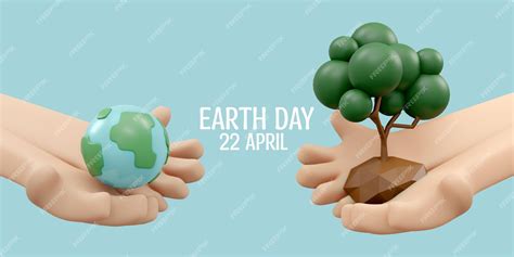 텍스트 비문이 있는 지구의 날 배경 배너 카드 포스터의 지구와 나무 아이콘 개념을 들고 있는 손의 3d 렌더링 3d 렌더링 그림 만화 스타일 프리미엄 사진