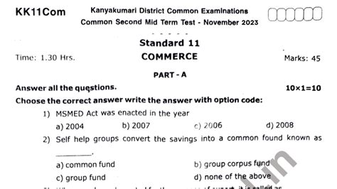 11th Commerce Second Mid Term Question Paper Answer Key 2023 Kalvi