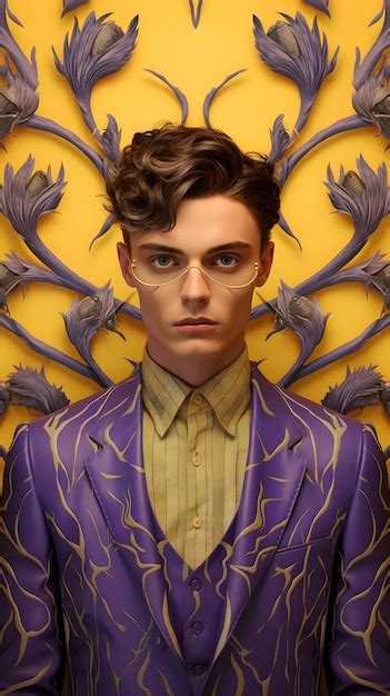 Premium Ai Image Weird Strange Symmetrical Male Model With Lavender And Golden Background