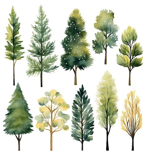 Premium Photo A Set Of Watercolor Trees Illustration In The Style Of Dark Emerald And Light Brown