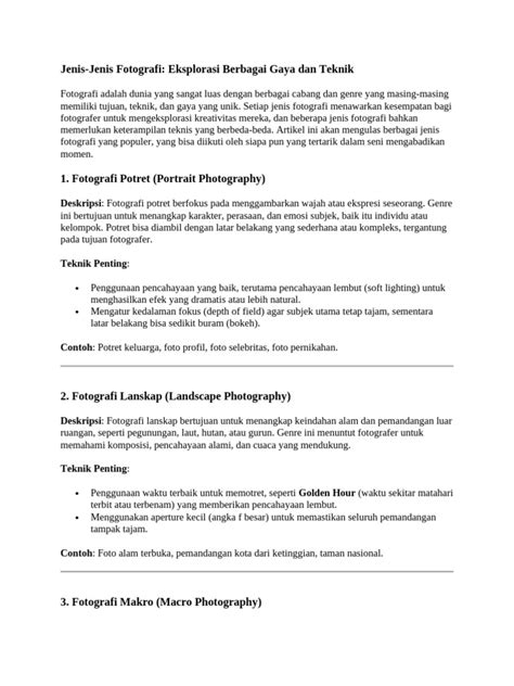 Jenis Jenis Fotografi Dan Tekniknya Pdf