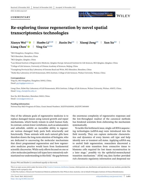 Pdf Re‐exploring Tissue Regeneration By Novel Spatial Transcriptomics
