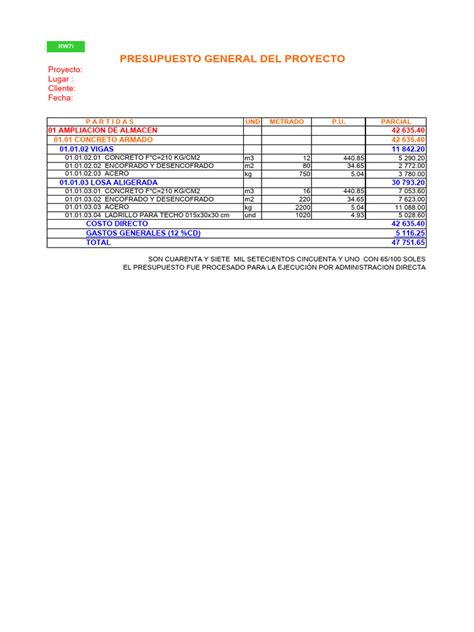 Presupuesto G1 Pdf Hormigón Ingeniero Civil