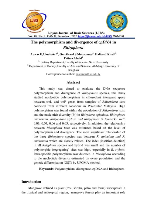 Pdf The Polymorphism And Divergence Of Cpdna In Rhizophora