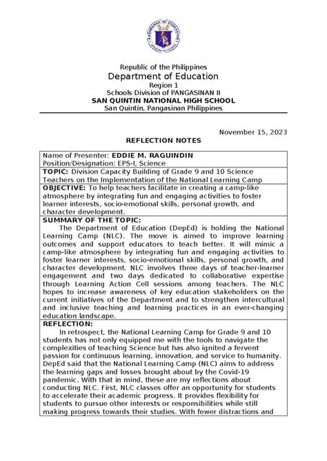 Reflection Notes Nlc Republic Of The Philippines Department Of Education Region 1 Schools