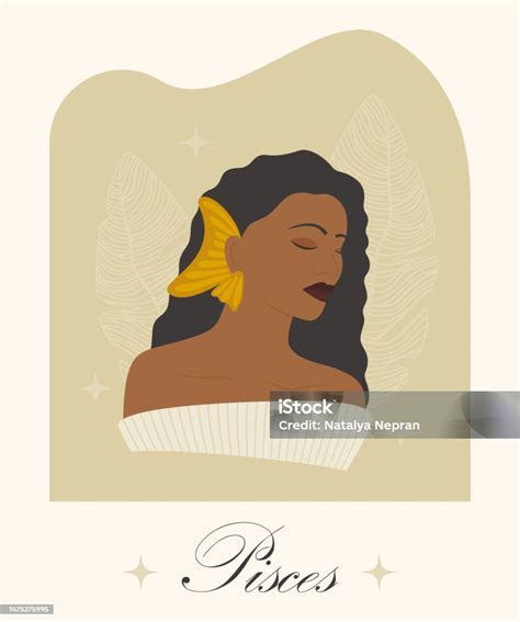 물고기자리 조디악 기호 흑인 여자 만화 벡터 삽화 점성술 상징 성격 베이지색 옷을 입은 젊은 아프리카 아가씨 드로잉에 대한 스톡 벡터 아트 및 기타 이미지 Istock