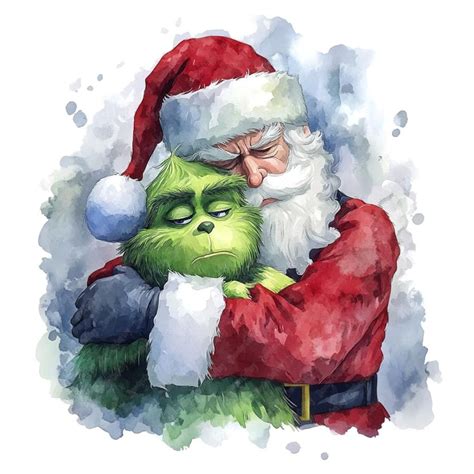Santa And Grinch Hugging Watercolor Clipart Christmas  Digital