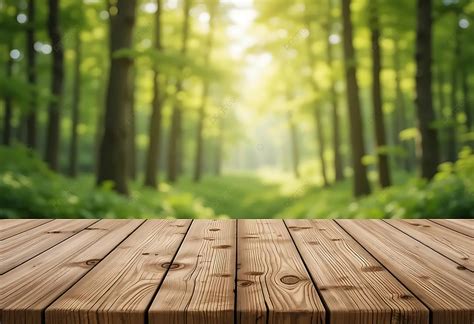 Realistic Wood Table With Lush Green Forest View Background Natural