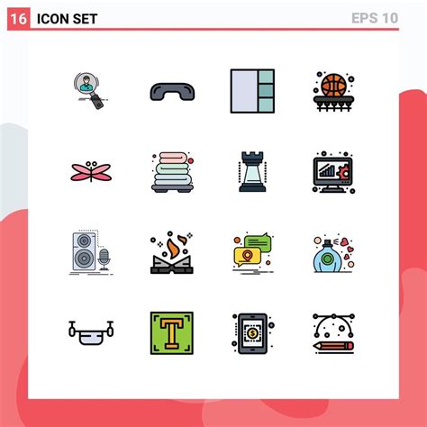 16 Universal Flat Color Filled Lines Set For Web And Mobile Applications Game Basket Hang Ball