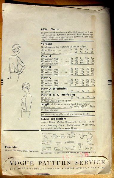 50s Fitted Blouse Vintage Sewing Pattern Vogue 9534