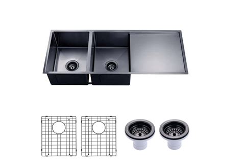 1160x460mm Gun Metal Grey Handmade Double Bowl Drainer Board Kitchen