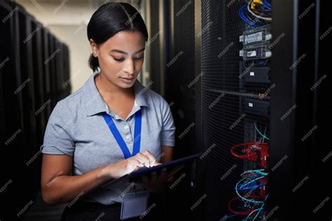 premium photo woman tablet and server room programming or coding for
