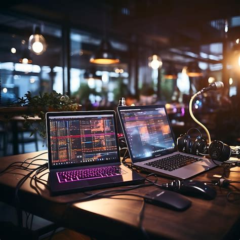 Premium Photo Backdrop Of Coding Class With Laptops Headsets Mouse On