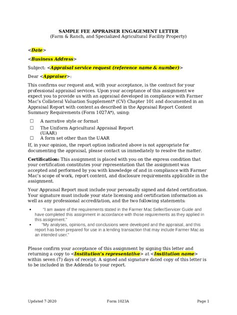 1023a Sample Fee Appraiser Engagement Letter Doc Template Pdffiller
