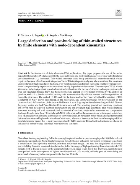 pdf large deflection and post buckling of thin walled structures by