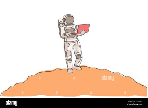 Single Continuous Line Drawing Of Astronaut Standing In Moon Surface While Typing Using Laptop