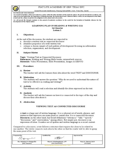 reading and writing lesson plan text as connected discourse pdf