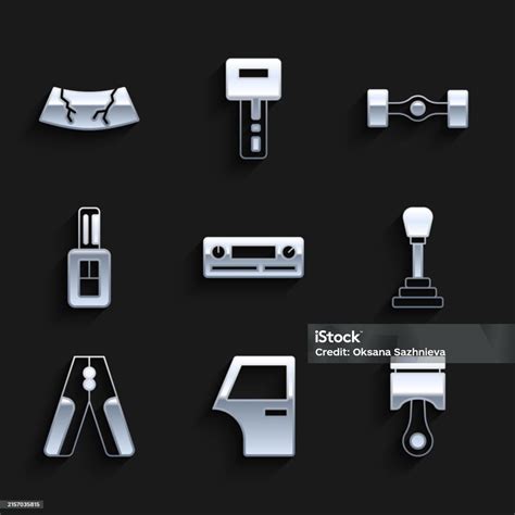 카 오디오 도어 엔진 피스톤 기어 시프터 배터리 점퍼 전원 케이블 리모컨이 있는 키 섀시 자동차 및 깨진 앞유리 아이콘을 설정합니다 벡터 검은색에 대한 스톡 벡터 아트 및