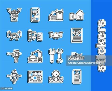 세트 라인 스마트 홈 골판지 상자 사용자 매뉴얼 3d 프린터 잠금 해제를위한 디지털 도어 잠금 무선 기술 무인 항공기 비행 액션 카메라 배달 개념 및 아이콘이있는 컨베이어