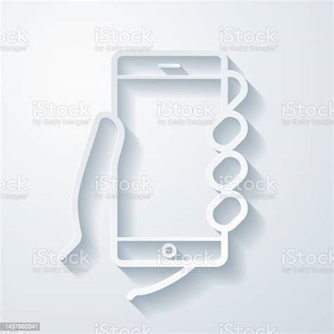 휴대 전화를 들고 손 빈 배경에 종이 자르기 효과가 있는 아이콘 3차원 형태에 대한 스톡 벡터 아트 및 기타 이미지 3차원