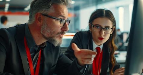 Male And Female Office Workers Collaborating In A Modern Workstation Environment Premium Ai