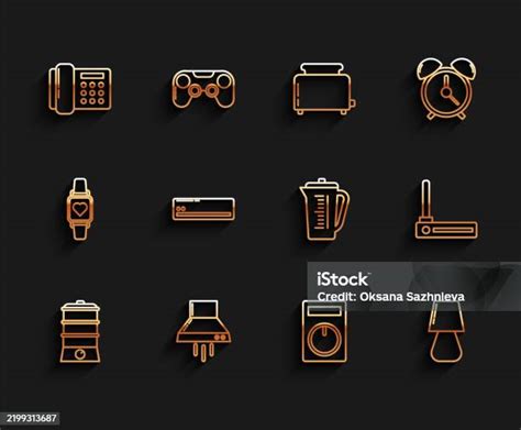 세트 라인 더블 보일러 주방 추출기 팬 전화 리모컨 테이블 램프 에어컨 라우터 및 Wifi 신호 및 계량컵 아이콘 벡터 가정 주방에 대한 스톡 벡터 아트 및 기타 이미지