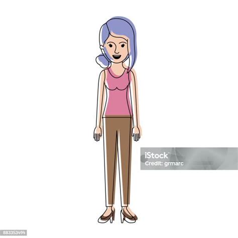 민소매 티셔츠와 바지와 수집 된 머리와 수채화 실루엣에서 프린지 힐 구두 여자 전신 T 셔츠에 대한 스톡 벡터 아트 및 기타 이미지 T 셔츠 가득 찬 건강한 생활방식