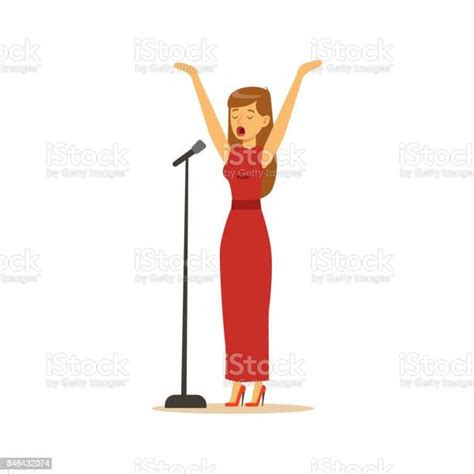 아름 다운 여자가 수 노래 벡터 일러스트 레이 션을 수행 하는 빨간 드레스에 공연에 대한 스톡 벡터 아트 및 기타 이미지