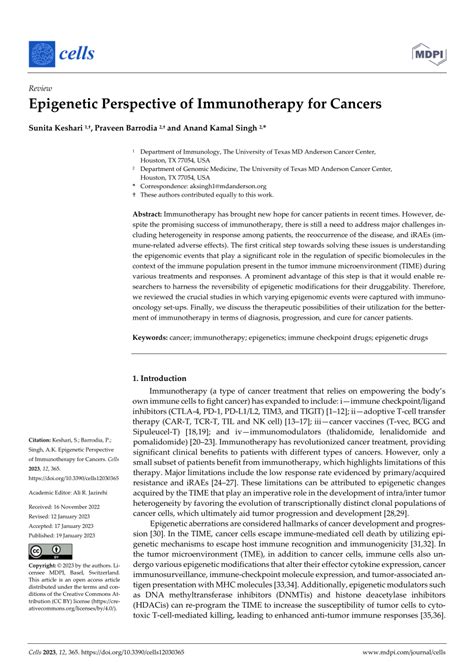 Pdf Epigenetic Perspective Of Immunotherapy For Cancers