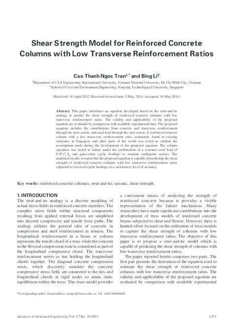 Pdf Shear Strength Model For Reinforced Concrete Columns With Low