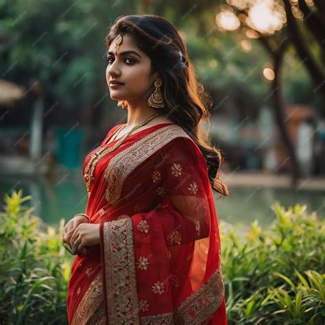 Premium Photo A Girl In A Red Saree Is Standing And Modeling