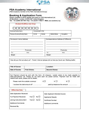 Fillable Online Psa Hungary PSA Academy International Booking Application Form Fax Email Print