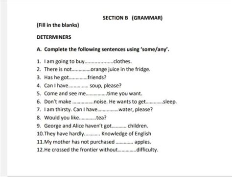 SECTION B GRAMMAR Fill In The Blanks DETERMINERSA Complete The Foll