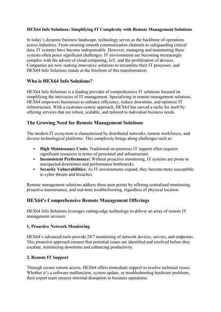 Hex64 Info Solutions Simplifying It Complexity With Remote Management Solutions Docx
