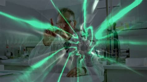 In Laboratory Scientist Interacting With Glowing Green Animation Holographic Data Stock Footage