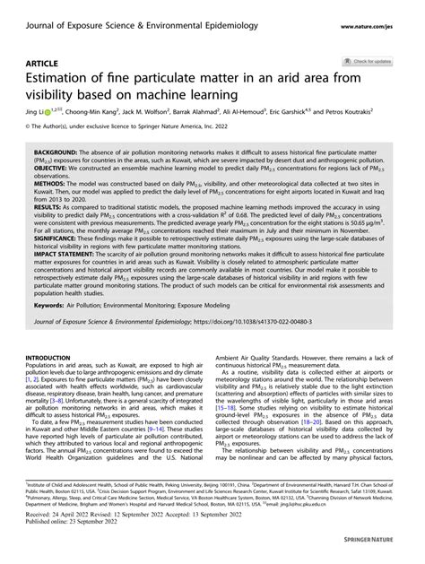 Pdf Estimation Of Fine Particulate Matter In An Arid Area From Visibility Based On Machine