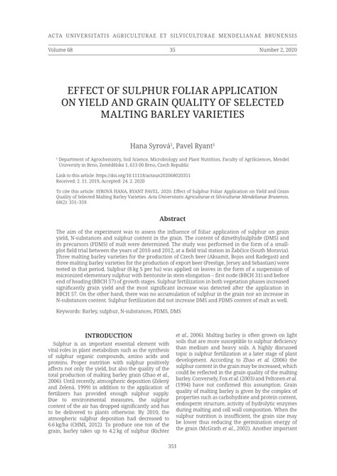 Pdf Effect Of Sulphur Foliar Application On Yield And Grain Quality