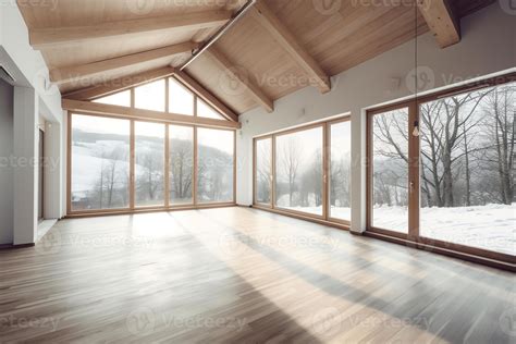 Empty Room Interior Design Open Space With Big Panoramic Windows On Winter View With Snow