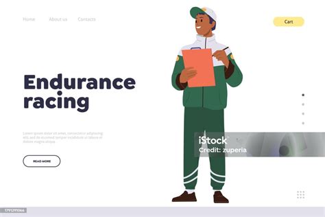 클립보드 디자인에서 메모를 하는 피트 스톱 작업자가 있는 지구력 경주 랜딩 페이지 템플릿 Championship에 대한 스톡