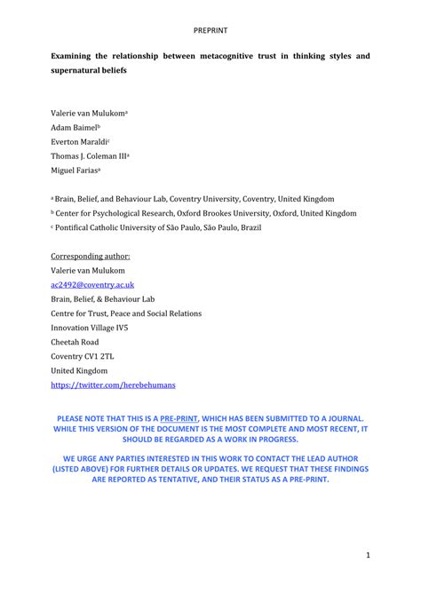 Pdf Examining The Relationship Between Metacognitive Trust In Thinking Styles And Supernatural