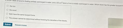 solved sood is floating partially submerged in water and a