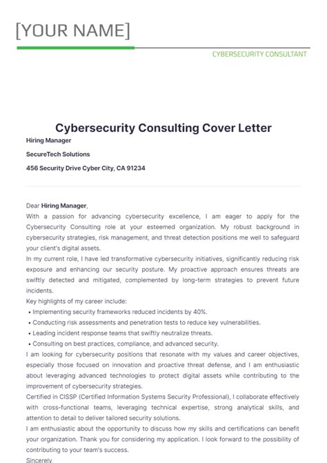 Free Cybersecurity Consulting Cover Letter Template To Edit Online