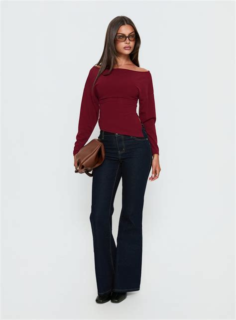 Cieara Off Shoulder Long Sleeve Top Burgundy Princess Polly