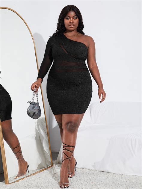 Shein Slayr Plus Contrast Mesh One Shoulder Bodycon Dress For Sale