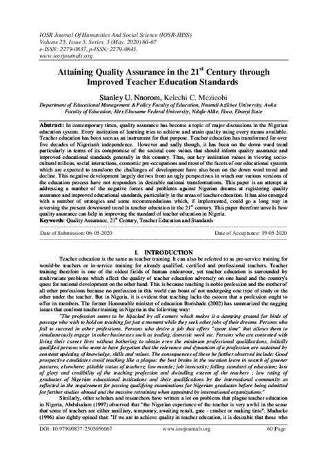 Pdf Attaining Quality Assurance In The 21 St Century Through Improved Teacher Education Standards