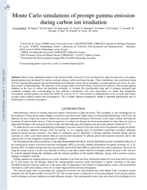 Pdf Monte Carlo Simulations Of Prompt Gamma Emission During Carbon Ion Irradiation