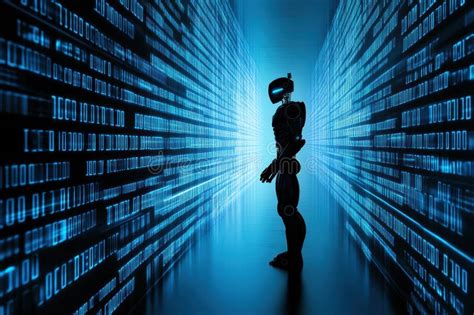 Futuristic Humanoid Robot Network Environment Binary Code Background