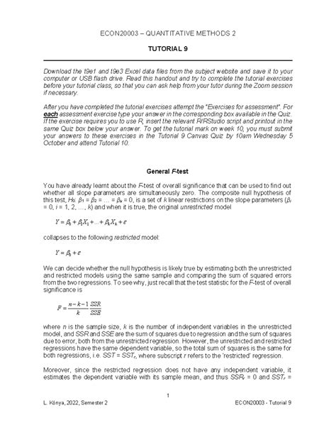 Tutorial 9 Content Of Week 9 1 Econ20003 ñ Quantitative Methods 2 Tutorial 9 Download The