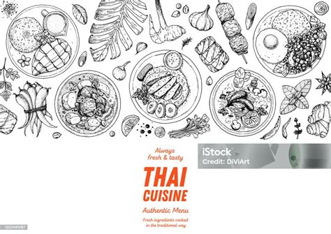 태국 음식 최고 보기 벡터 일러스트레이션 음식 메뉴 디자인 템플릿입니다 손으로 그린 스케치 태국 음식 메뉴 빈티지 스타일 망고